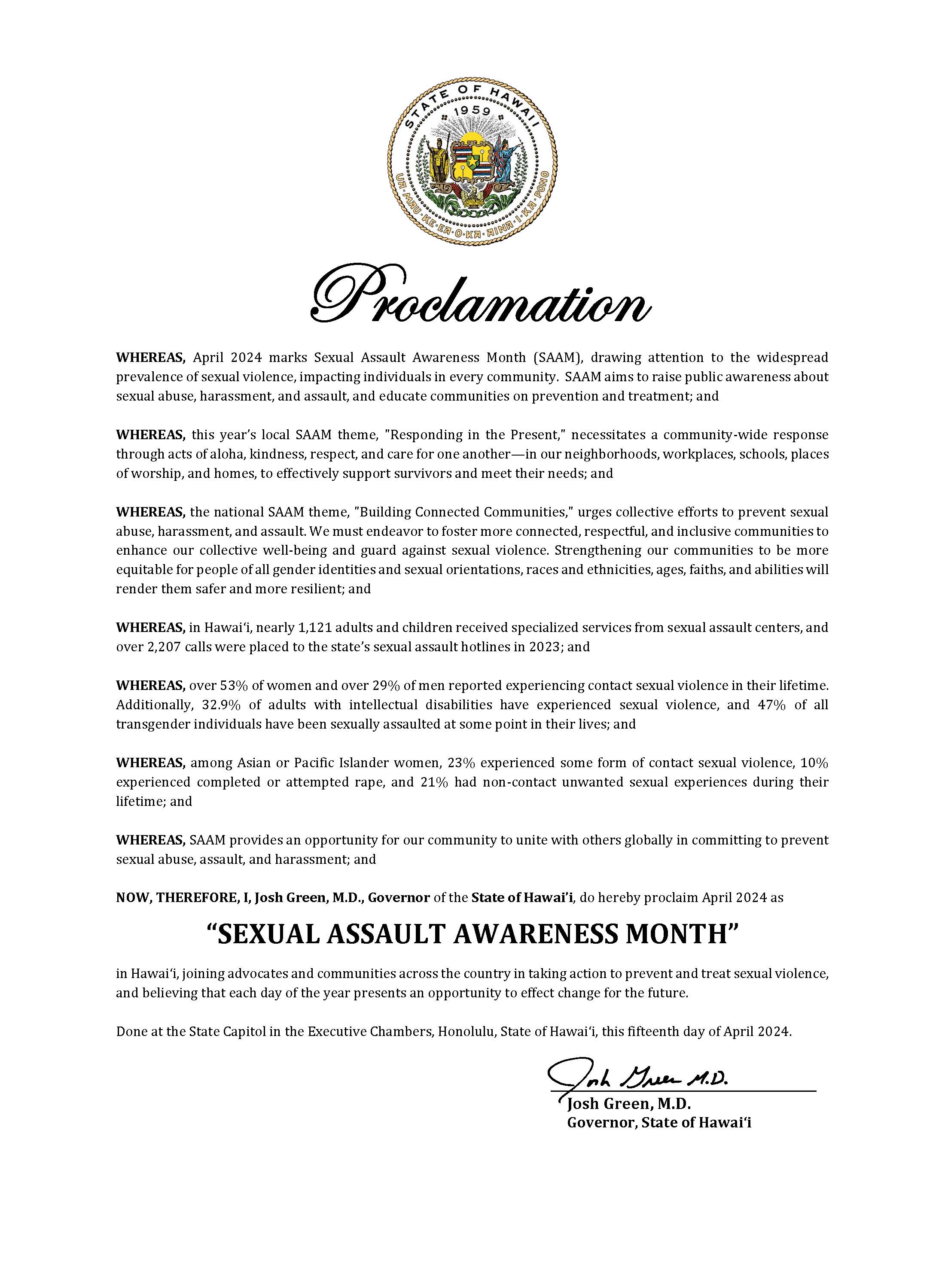 Governor Proclamation – Sexual Assault Awareness Month, April 2024 ...